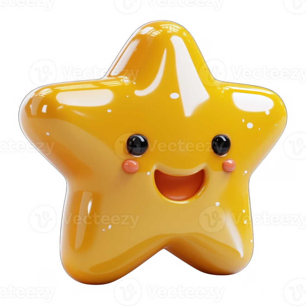 Cute 3d icon happy star emoji character with blushing cheeks and large eyes, set against a ...