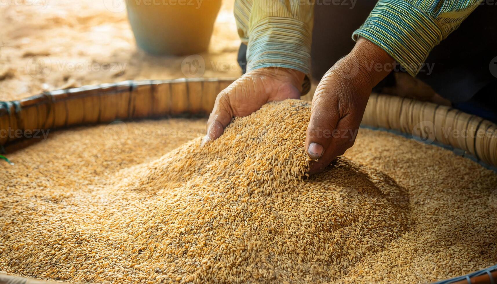 close-up of traditional winnowing process with hands separating rice ... close-up of traditional winnowing process with hands separating rice ...