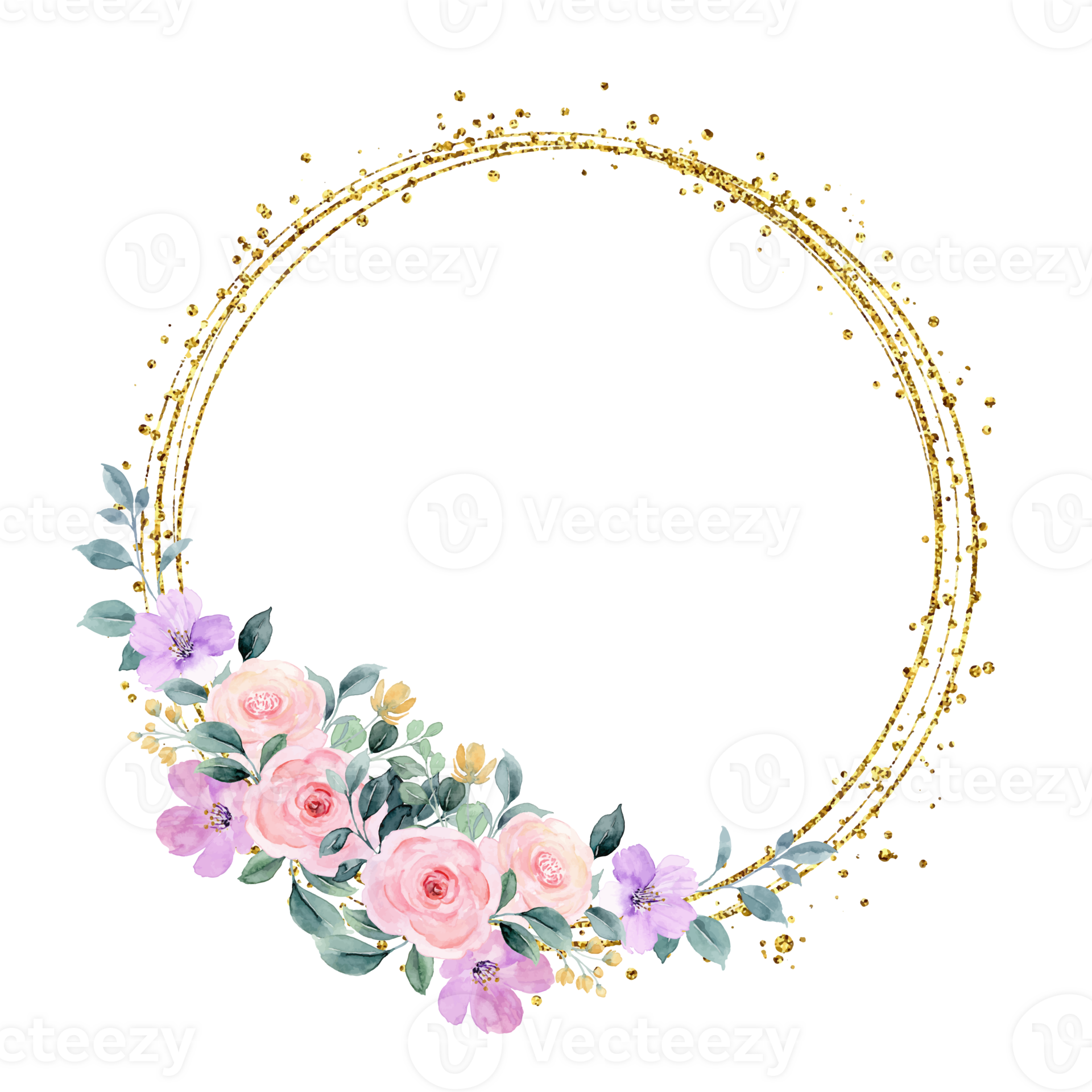 Watercolor Pink Purple Flower With Gold Circle Frame 54060048 Png