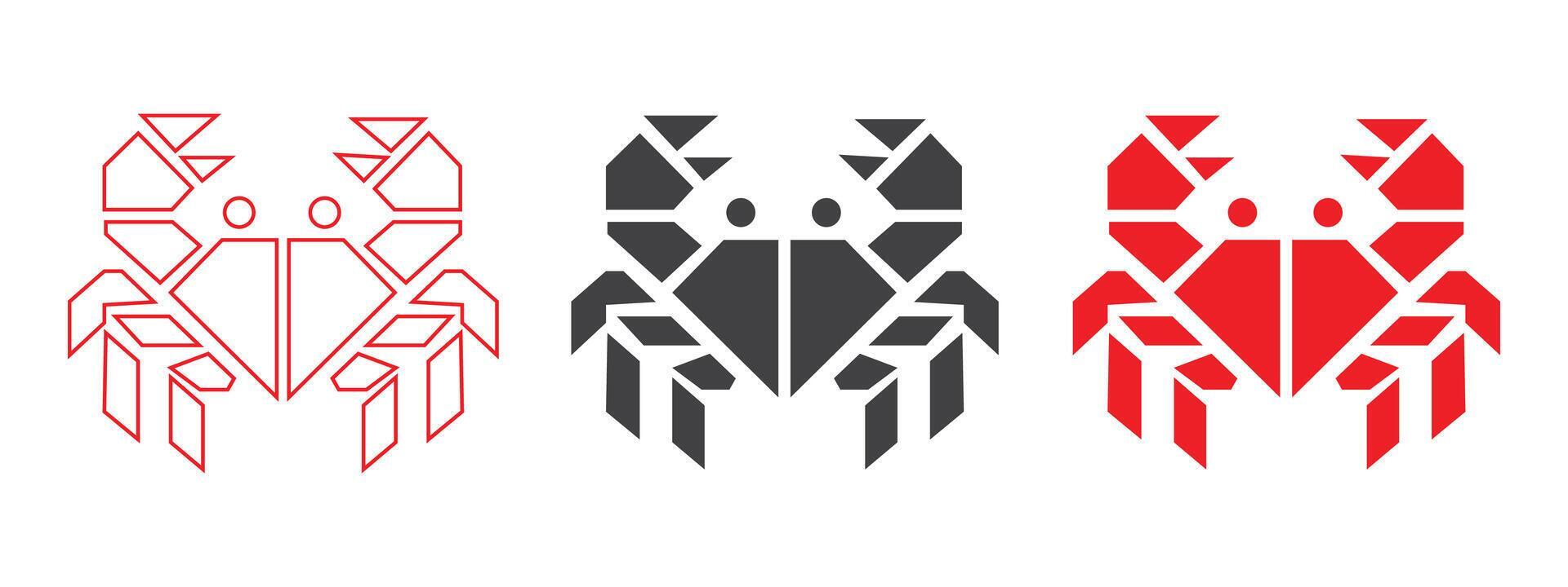 a illustration of an geometric shape crab, outline and black filled ...