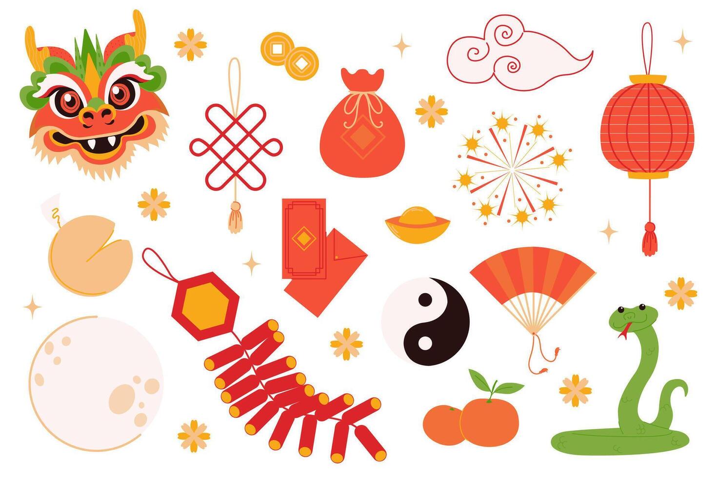 set of Lunar year decorations elements. Chinese new year illustration ...