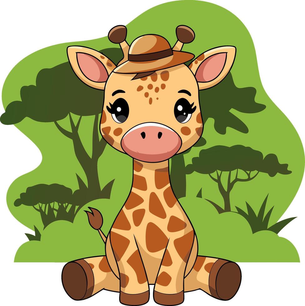 Cute Baby Giraffe Cartoon with Hat in Jungle Illustration for Kids ...