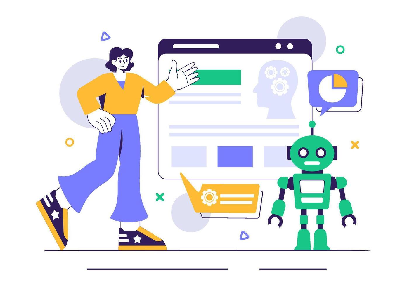 Artificial Intelligence Illustration featuring Data Scientists and Engineers Working on Machine ...