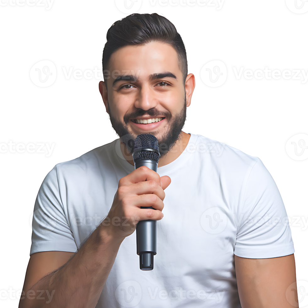 Smiling Man Holding Microphone isolated on transparent background ... Smiling Man Holding Microphone isolated on transparent background ...