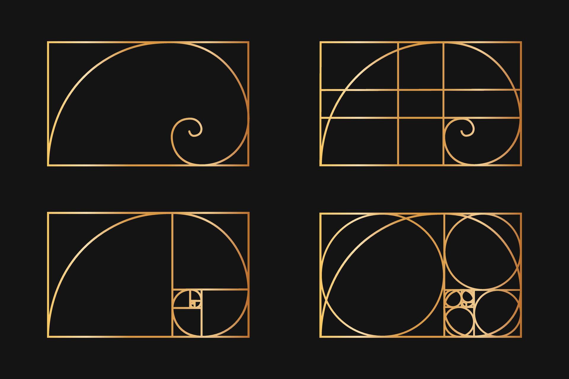 Golden ratio templates. Logarithmic spirals in rectangle frames divided ...