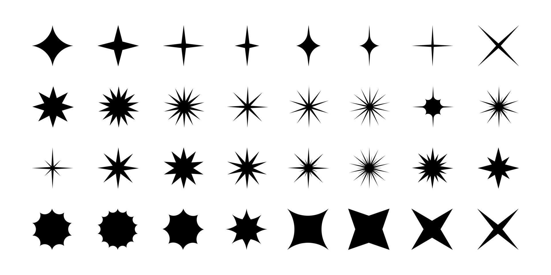Set of black stars icons. Sparkle, twinkle, starburst, bling stardust shapes. Flash, light ...