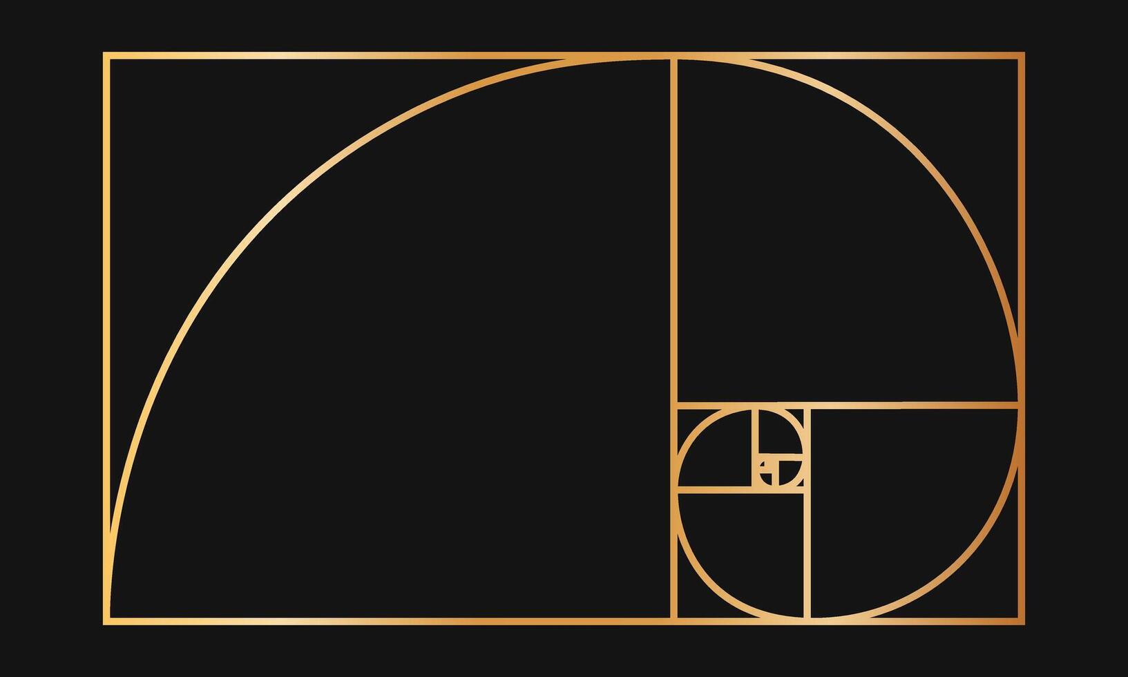 Golden ratio template. Gold logarithmic spiral in rectangle frame divided on squares. Fibonacci ...