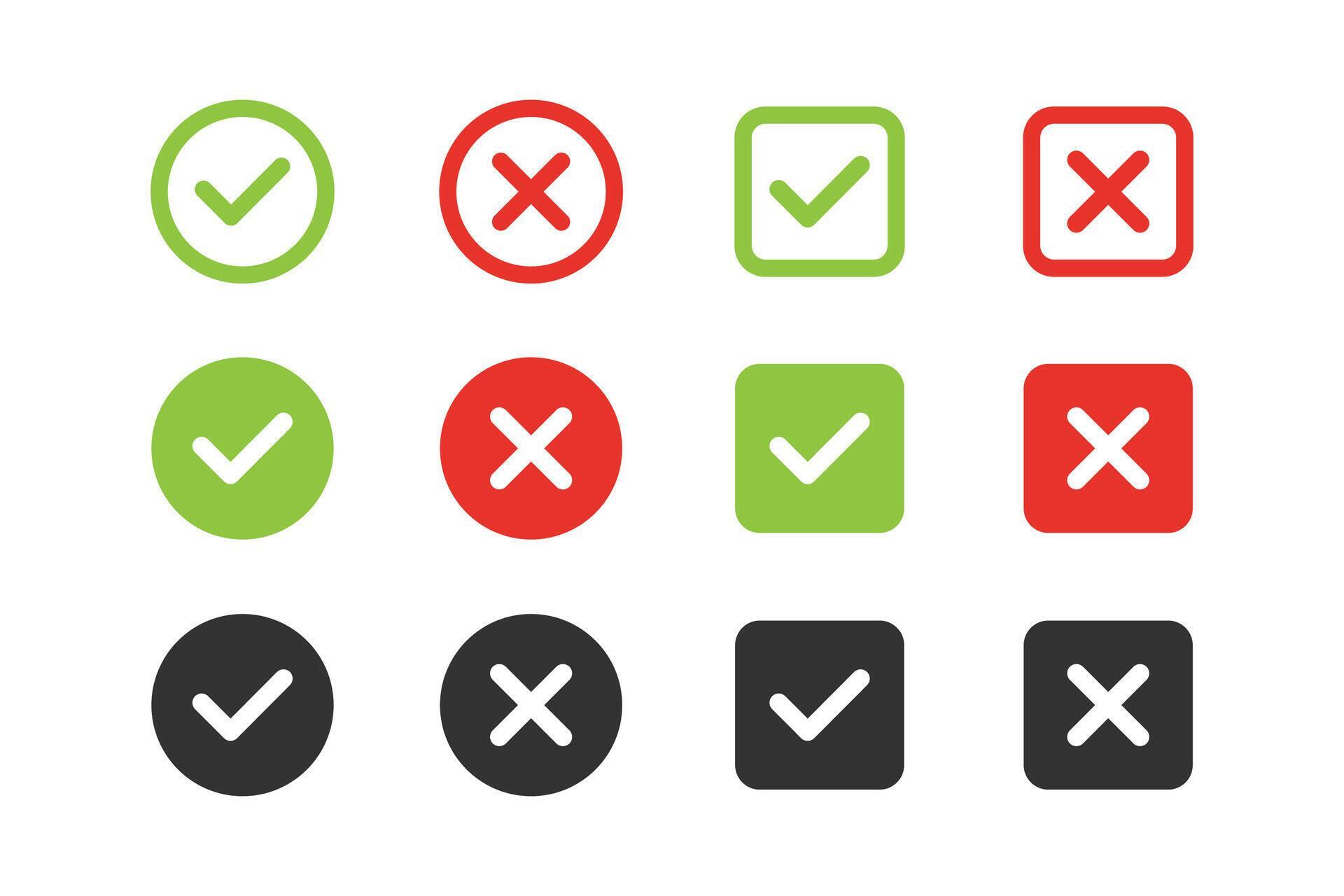 Green check and red cross symbols. Check mark, Tick, and X mark icon. Checkmark and x mark icon ...