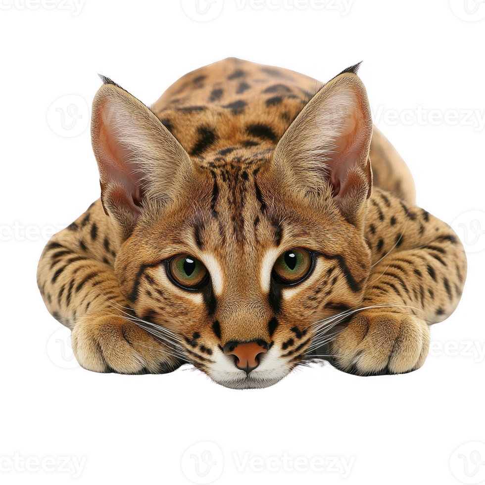 A Captivating Serval Cat Crouching Intently Showcasing Its Distinct Spots And Eyes 54124069 Png