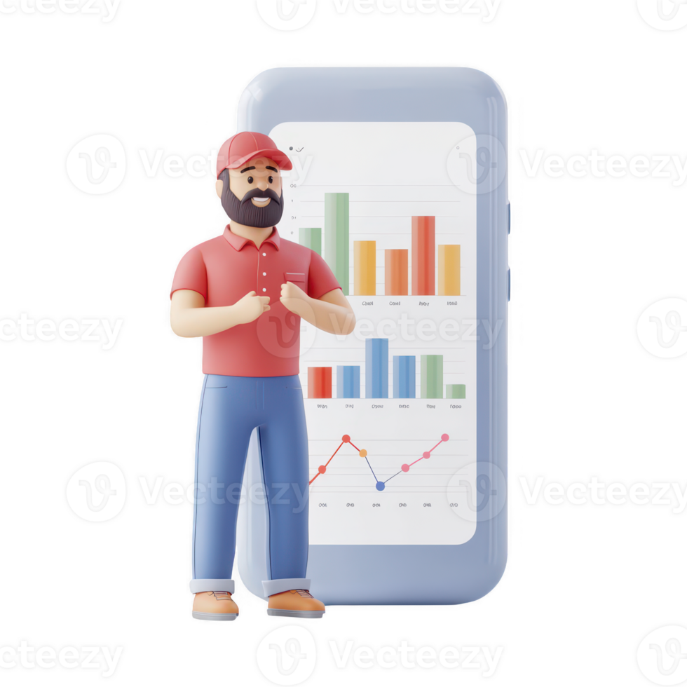A 3D character analyzing data on a mobile device with graphs and charts. 54128486 PNG