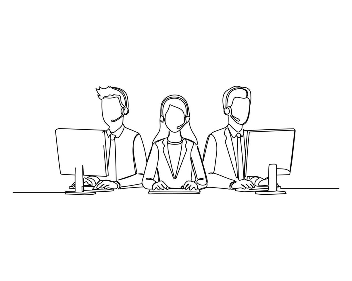 Three customer service representatives at their desks, wearing headsets, and working on ...