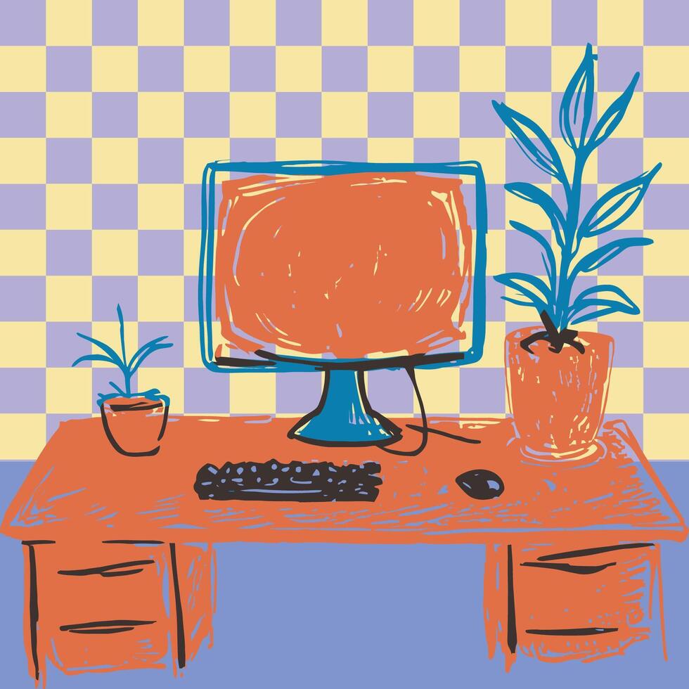 computer workspace with checkered wall illustration in bold pop art and ...