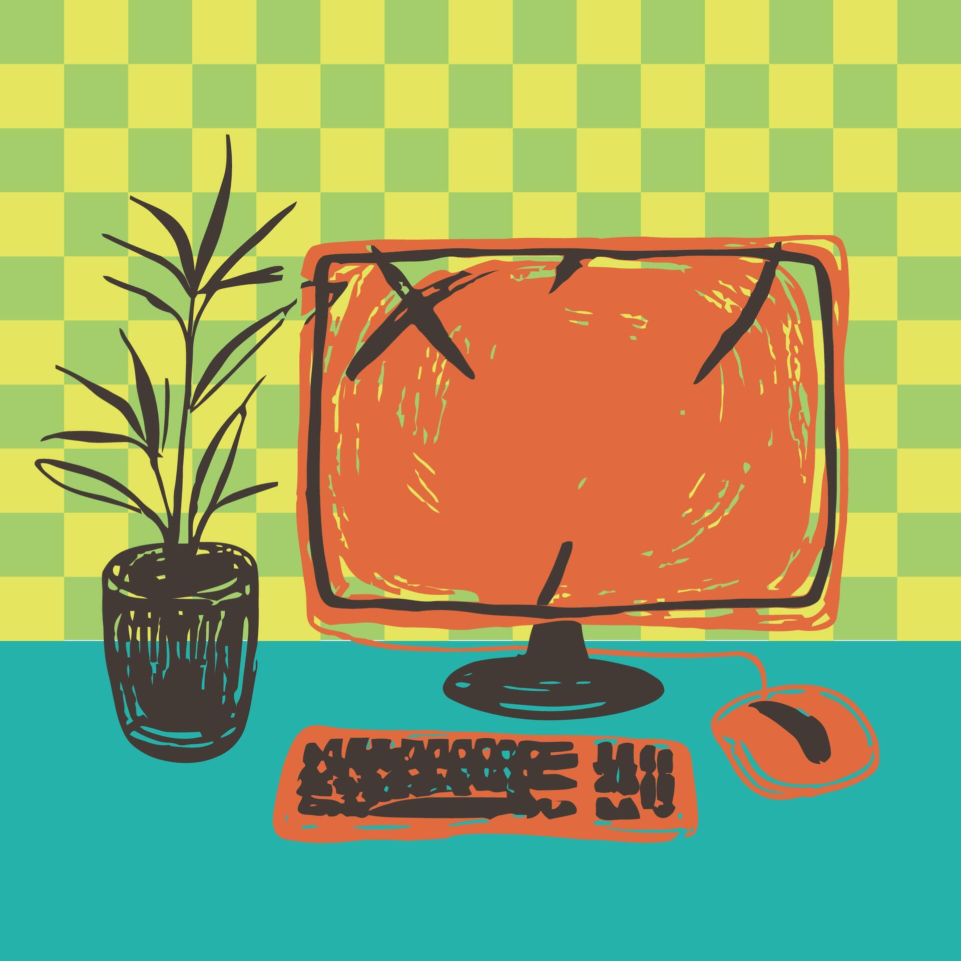 computer workspace with checkered wall illustration in bold pop art and ...