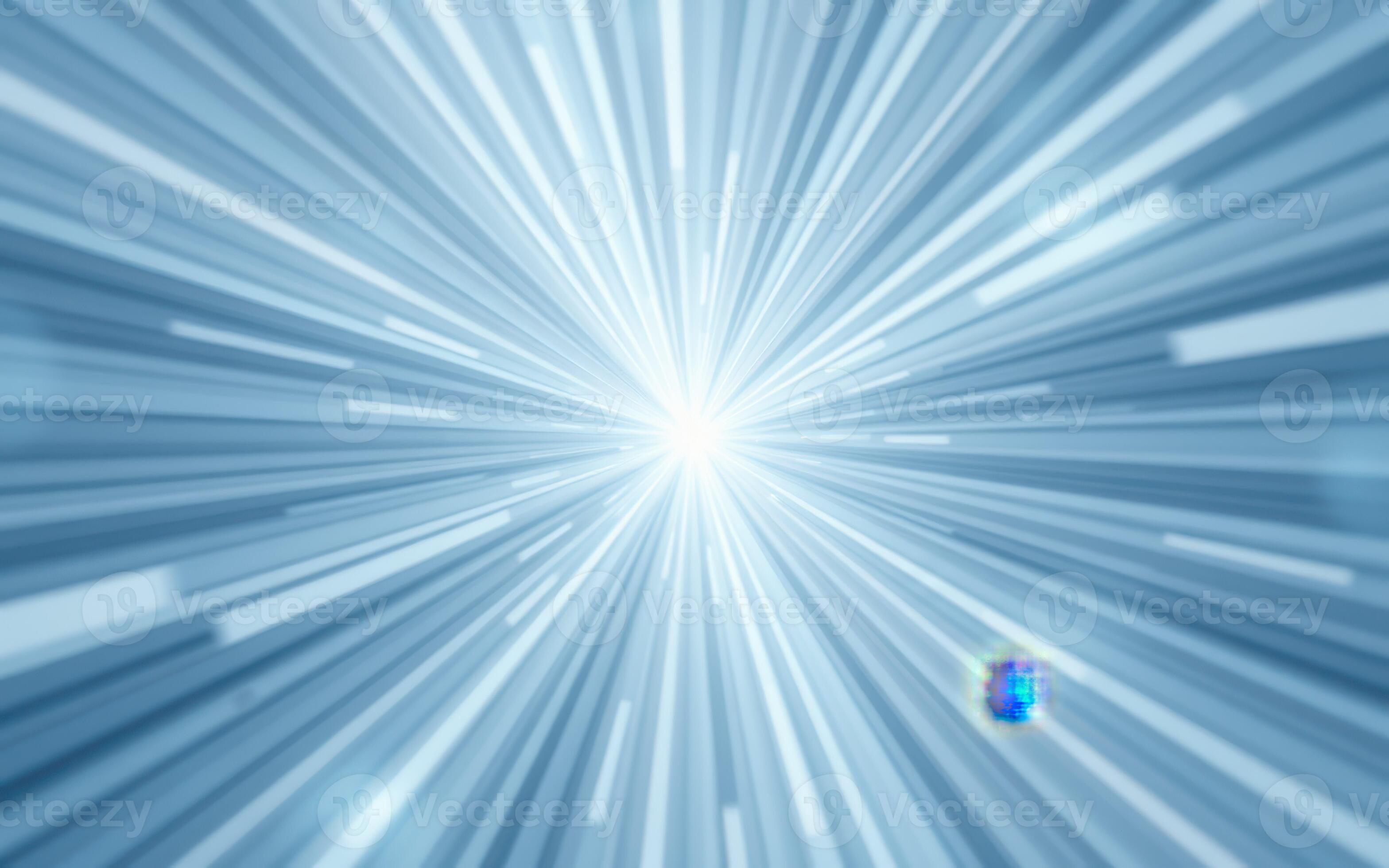 Dynamic abstract design with radiant beams of light emanating from a central point in a cool ...