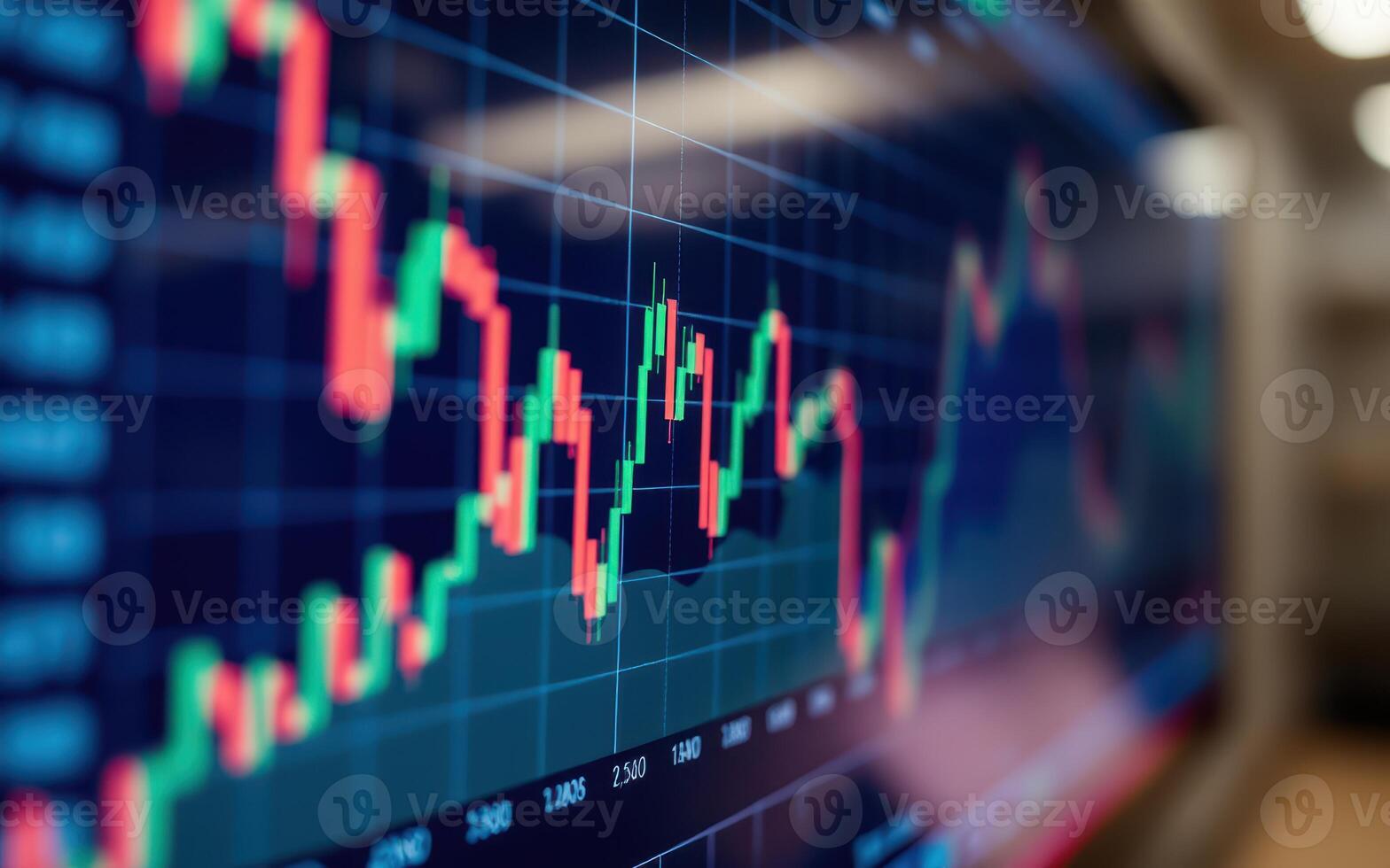 Stock market analysis showing trading trends with candlestick patterns in a busy financial ...