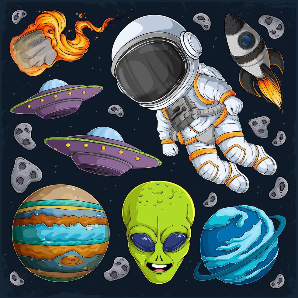 Hand drawn set of astronomic collection, alien, planets, astronaut suit ...