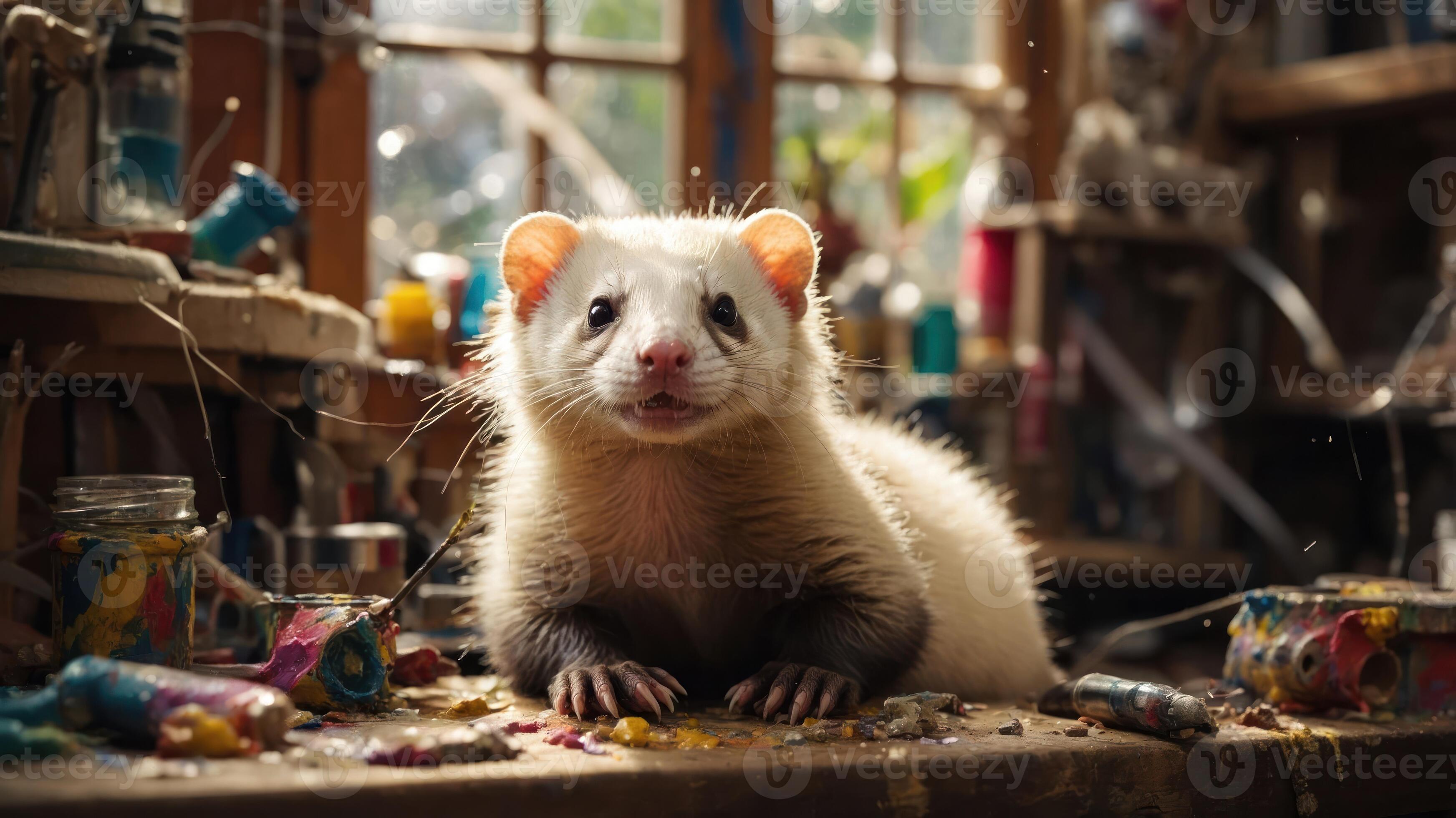 A cute ferret sits on a cluttered workbench, surrounded by colorful ...
