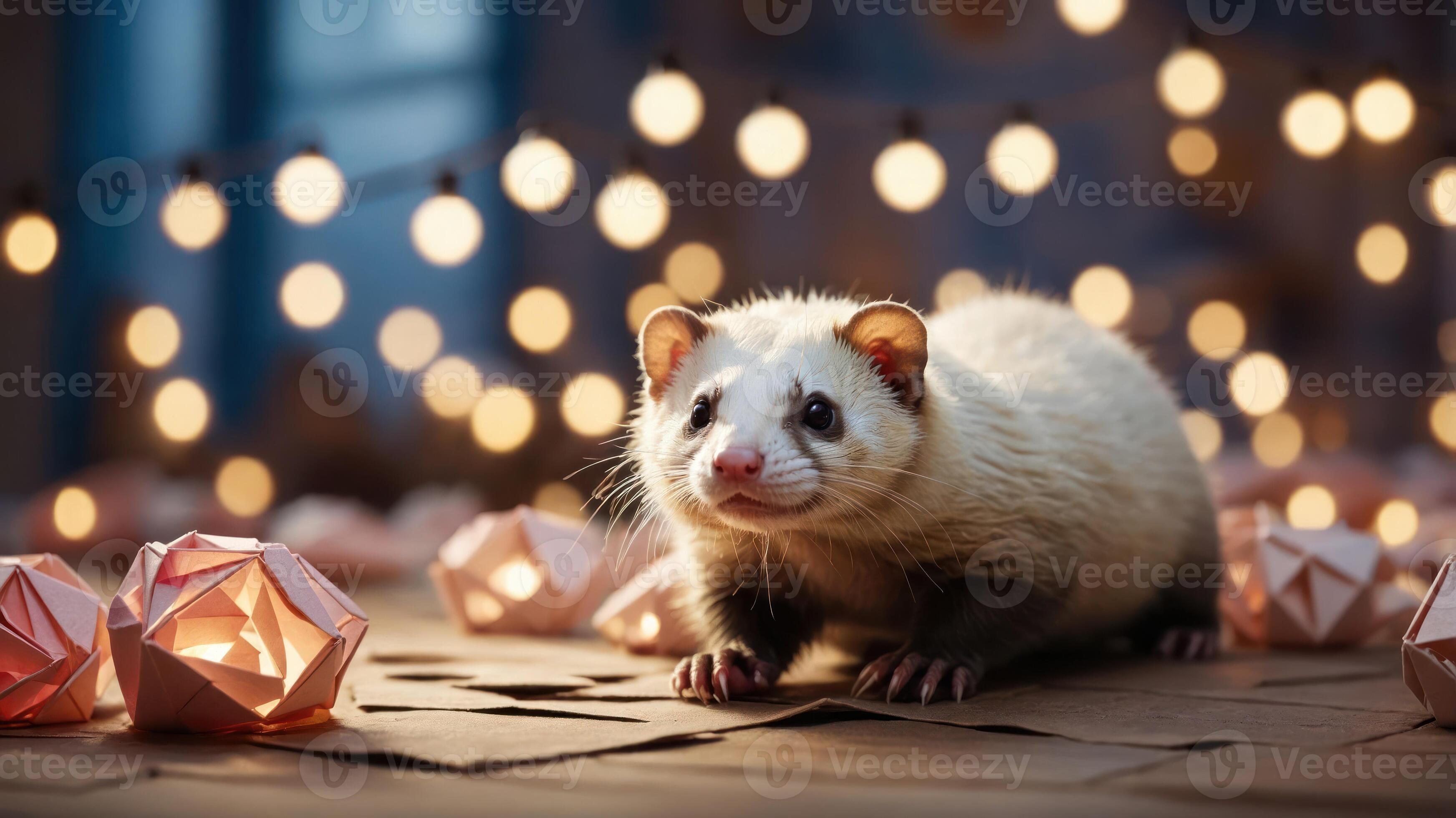 A cute ferret poses amidst decorative lights and origami shapes. 54207514 Stock Photo at Vecteezy