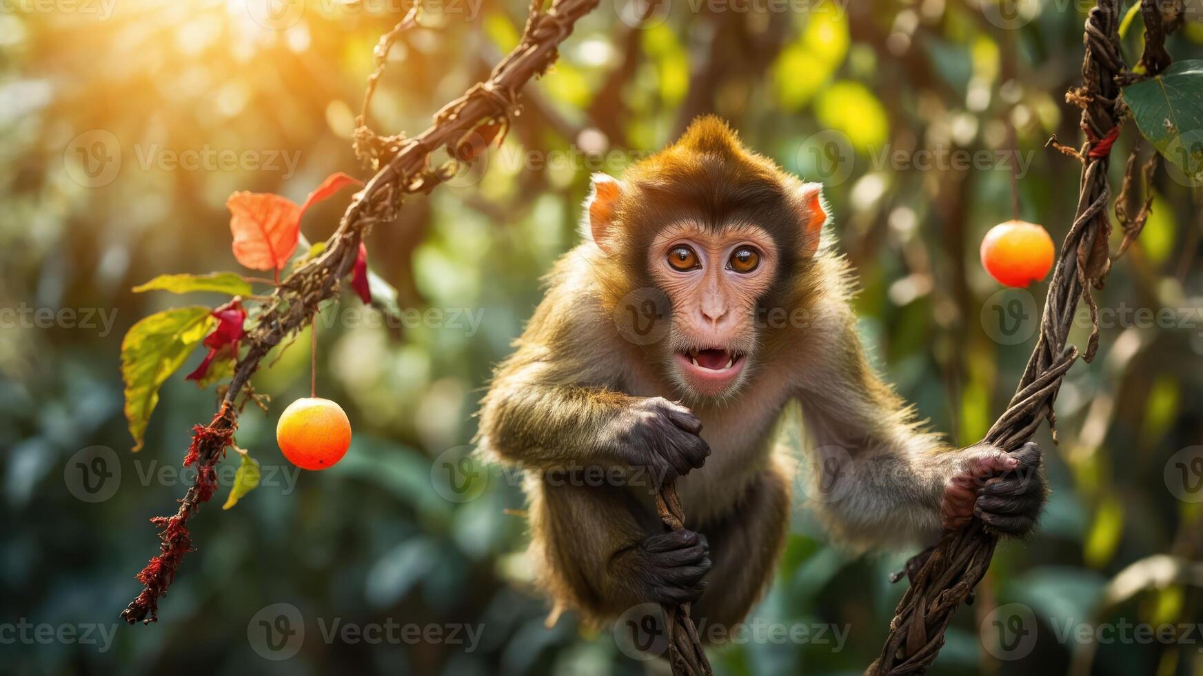 A playful monkey perched on a branch amidst vibrant foliage and fruit. 54207981 Stock Photo at ...