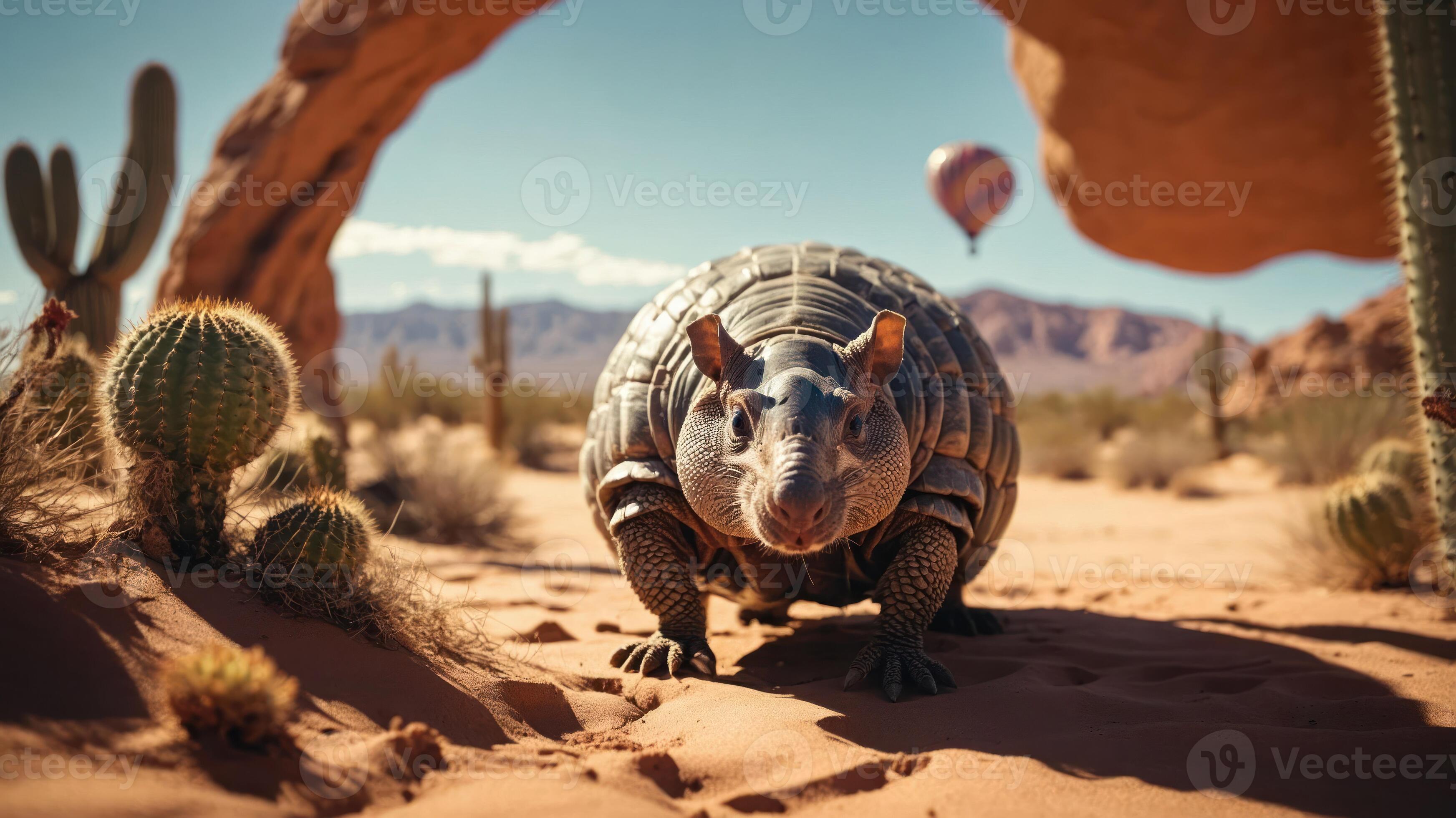 un grande armadillo en un Desierto paisaje con cactus y un caliente aire globo en el ...