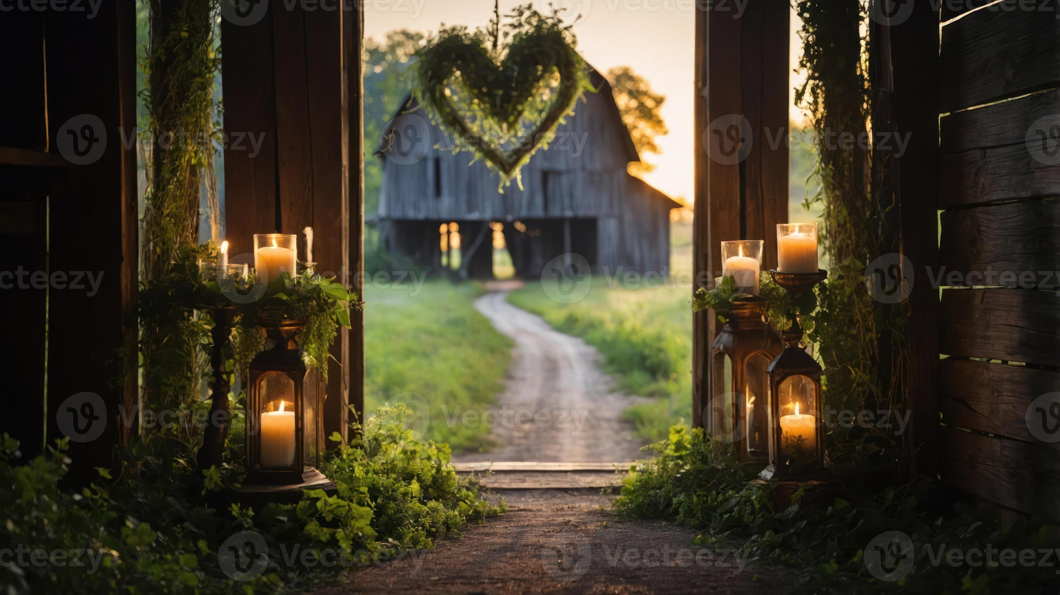 A serene pathway leads to a rustic barn adorned with candles and greenery, evoking romance ...