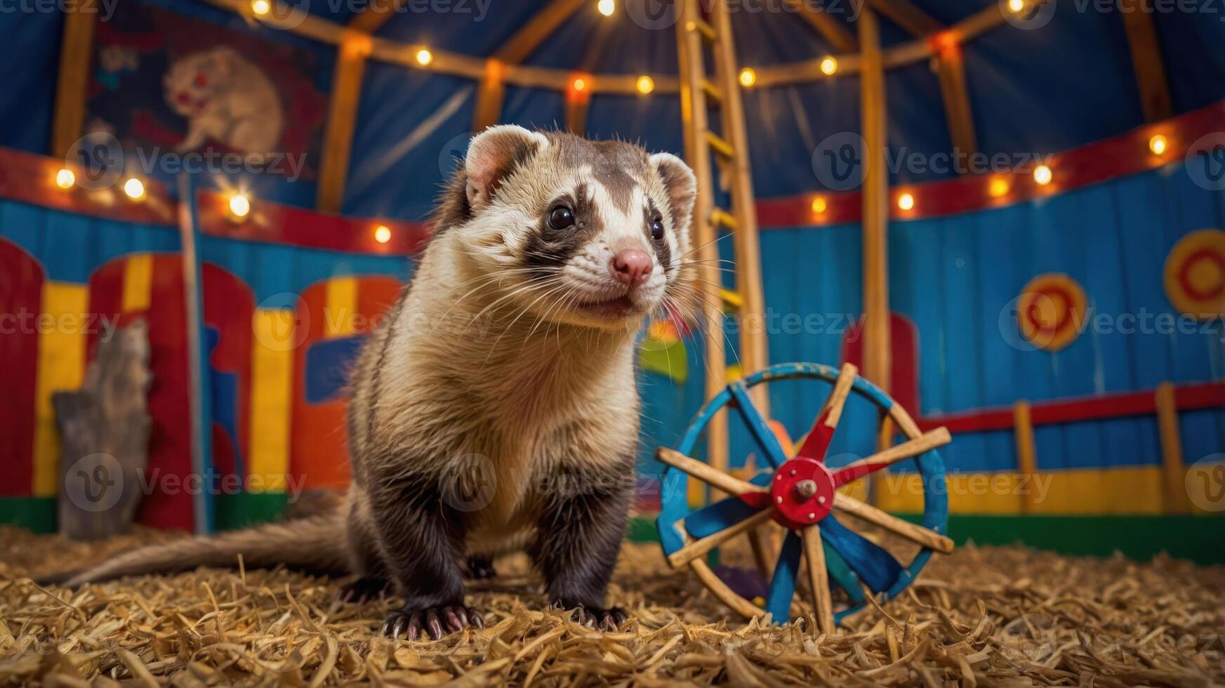 A playful ferret in a colorful circus setting with festive lights and ... A playful ferret in a colorful circus setting with festive lights and ...