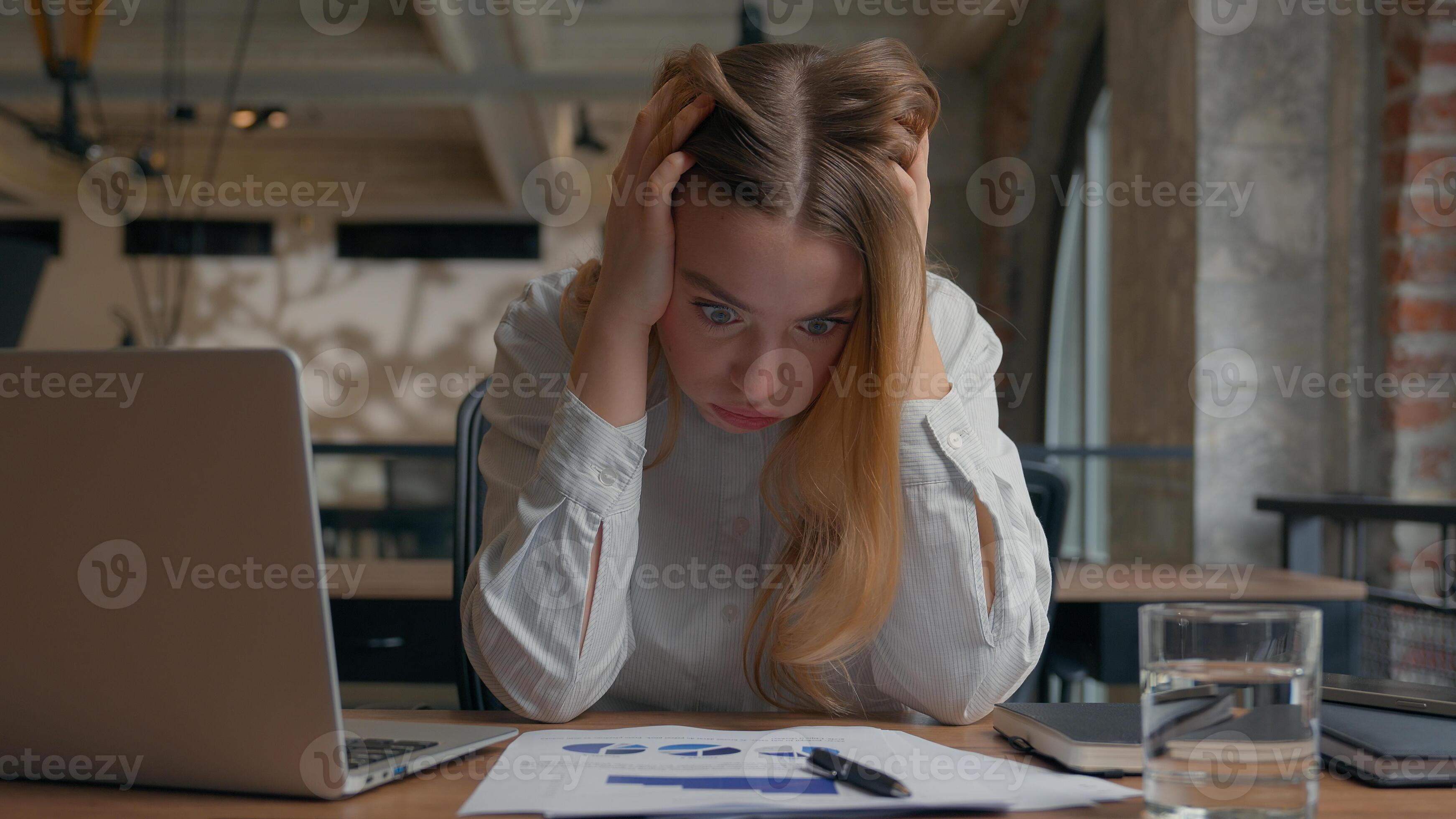 Business study work trouble in office confused puzzled Caucasian stressed tired student girl ...