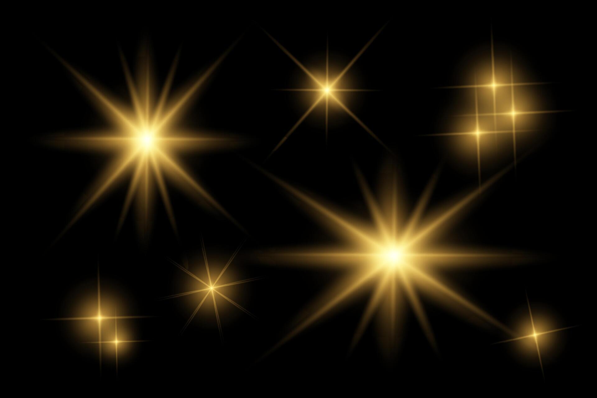 Golden sparkle flashing lights, sunlight lens flare, glowing ray beams, sparkling starsicon on ...