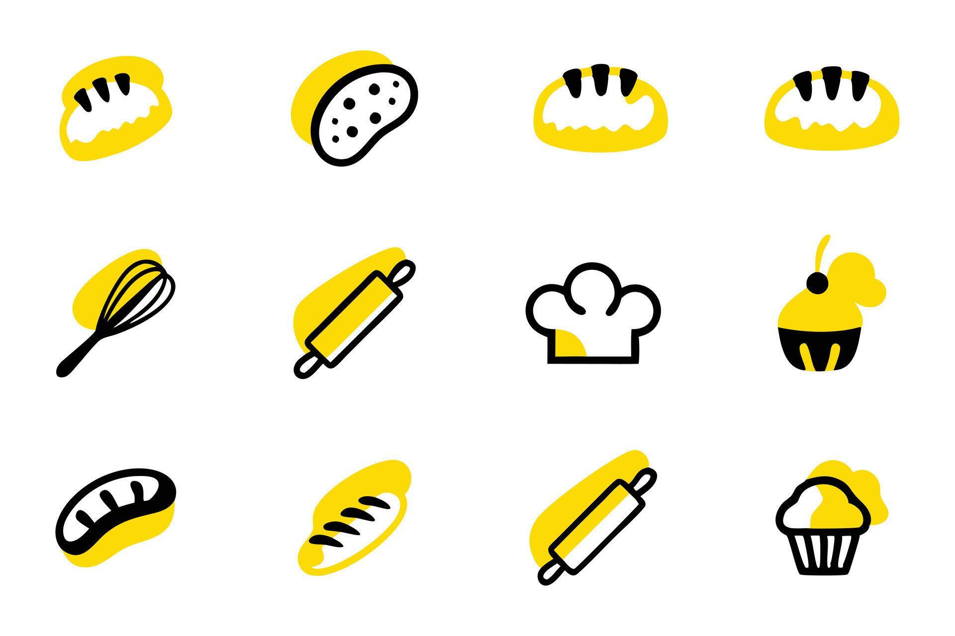 This image features a set of black and white bakery-themed icons ...