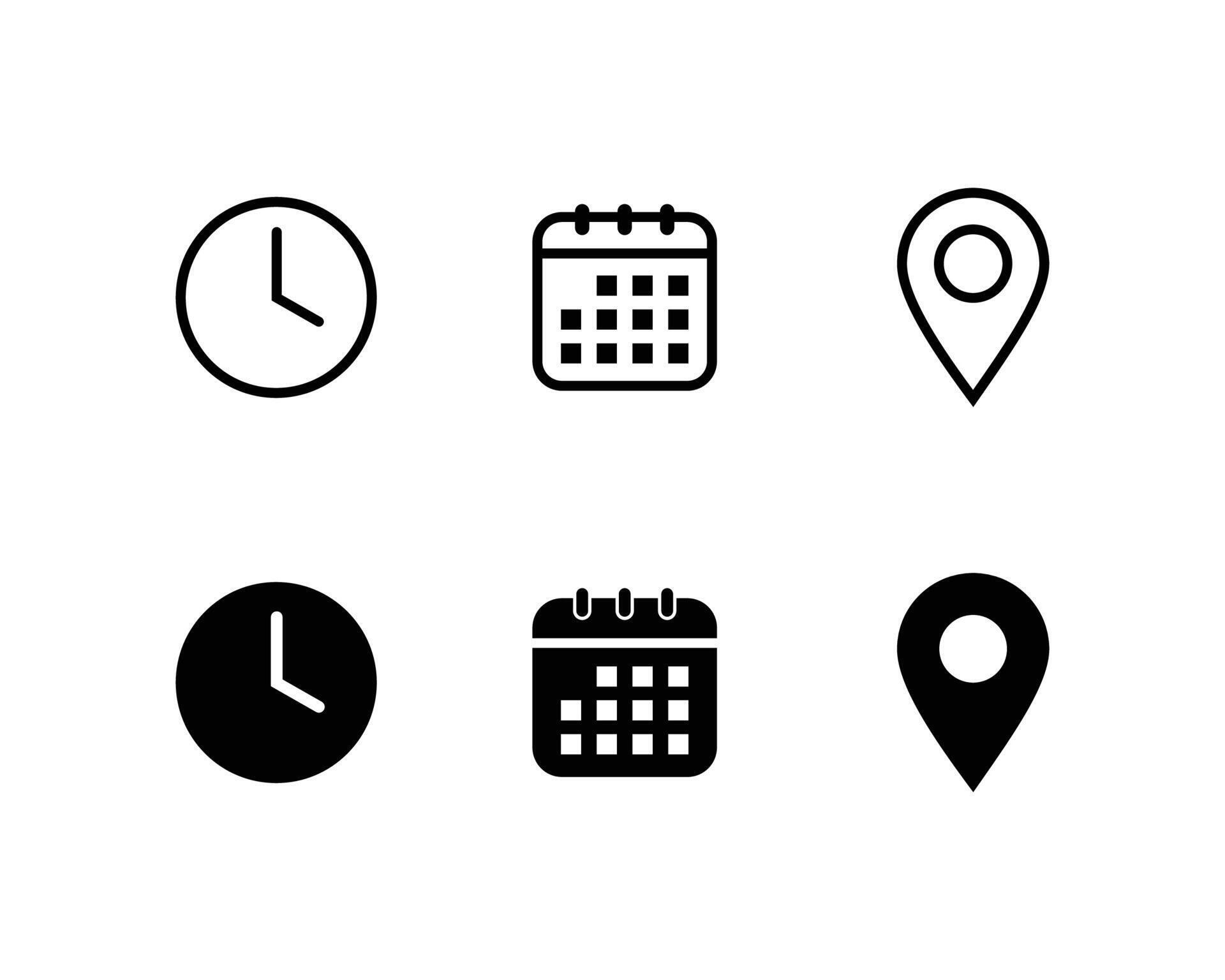 Date, time, location address icon set. Clock, calendar, location pin. 54231447 Vector Art at ...