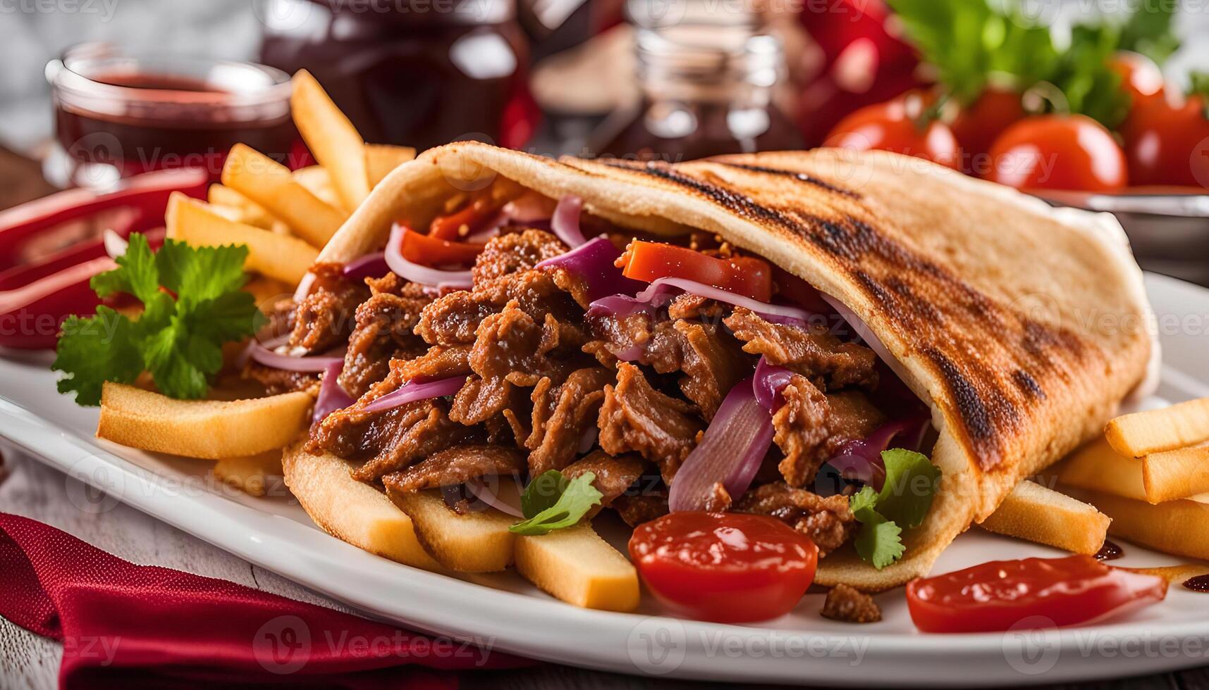 Delicious Doner Kebab with Fries and Vegetables 54274170 Stock Photo at ...