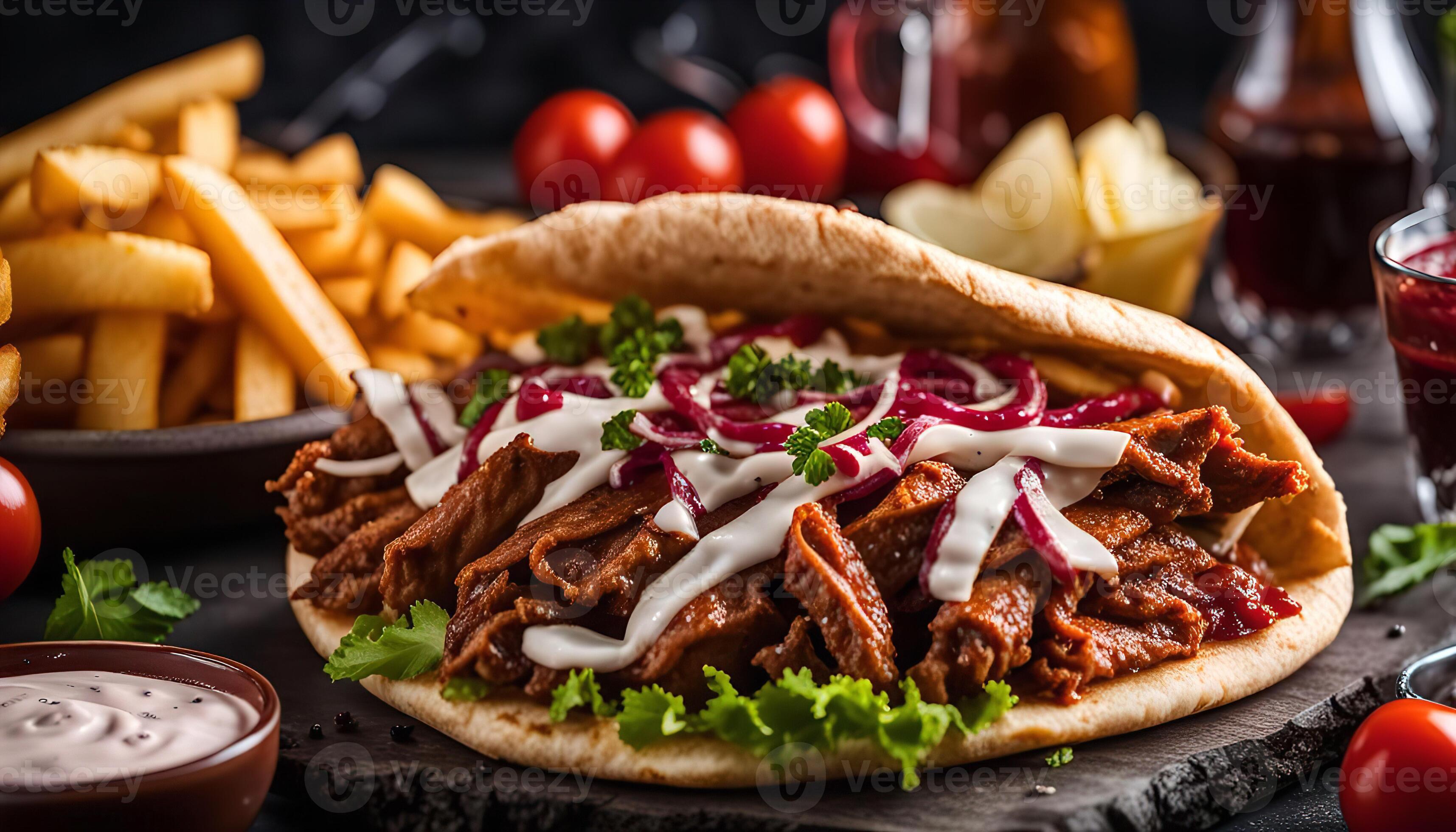 Delicious Doner Kebab with Fries, Red Onion, and Sauce 54275676 Stock ...