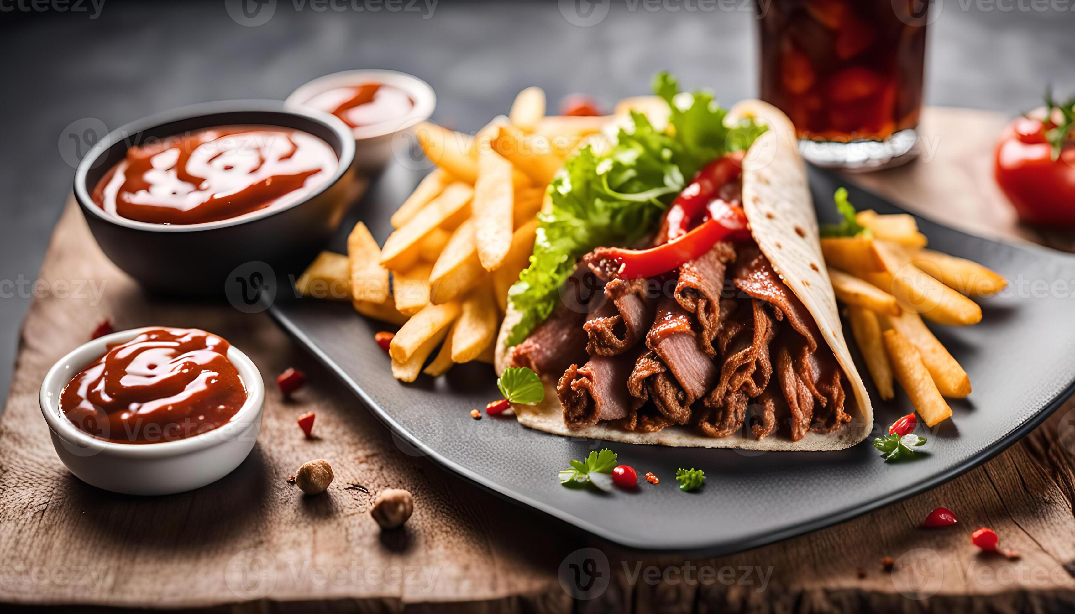 Delicious Doner Kebab with Fries and Sauce 54275802 Stock Photo at Vecteezy