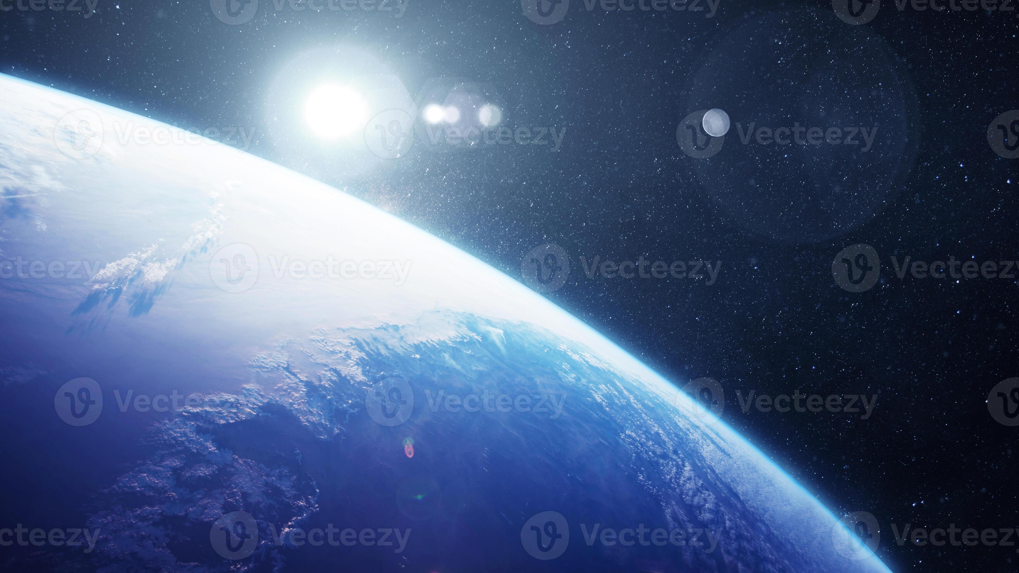 Beautiful blue planet Earth with clouds in space with stars and sun, creative idea. Space ...