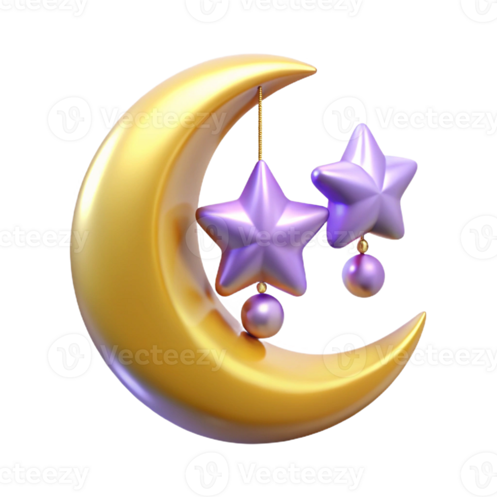 3D Render Golden Crescent Moon with Stars 54308442 PNG