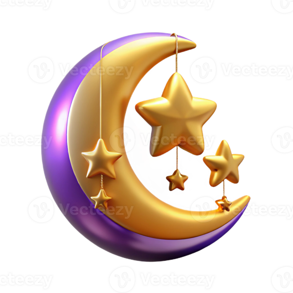 3D Render Golden Crescent Moon Stars 54308449 PNG