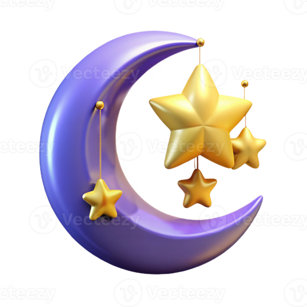 3D Crescent Moon and Stars Illustration 54309524 PNG