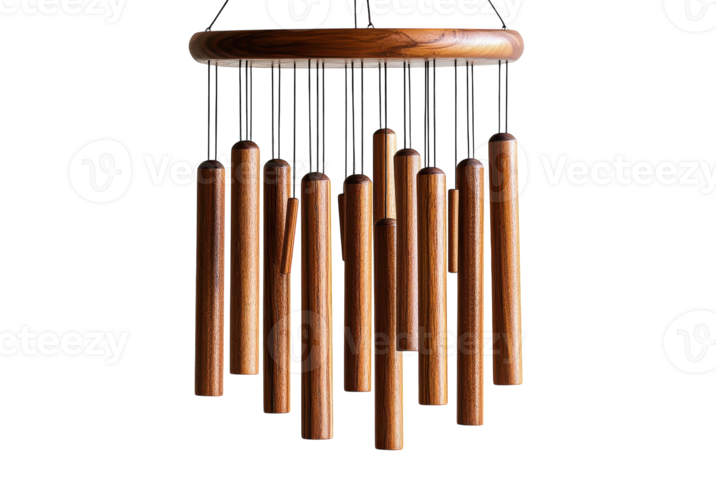 Decorative wooden wind chime hanging in a well-lit indoor space with ...