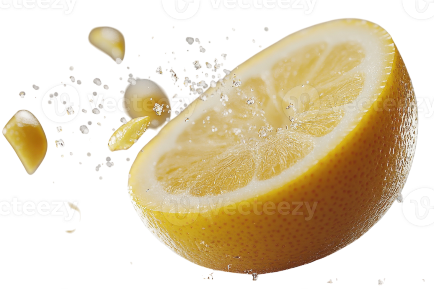 Fresh lemon slices splash with water droplets against a white background, creating a vibrant and ...