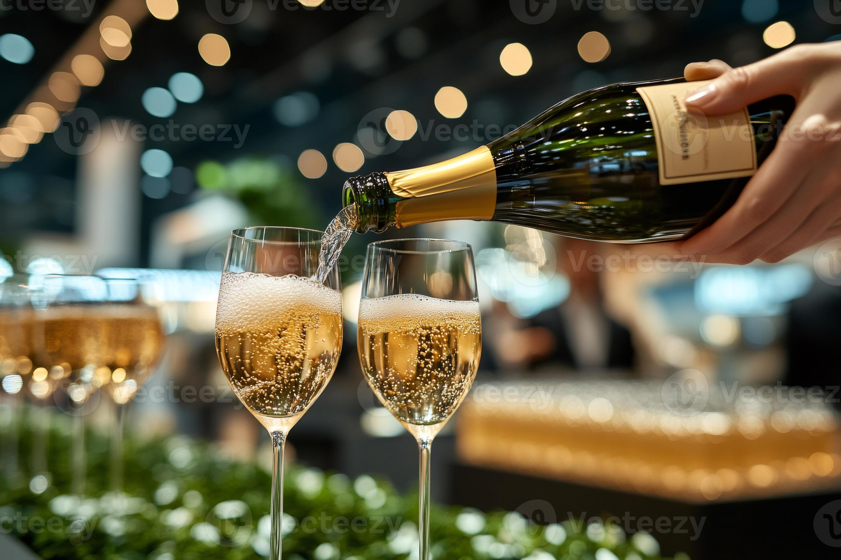 Waiter pouring sparkling wine into glasses at a corporate event 54322054 Stock Photo at Vecteezy