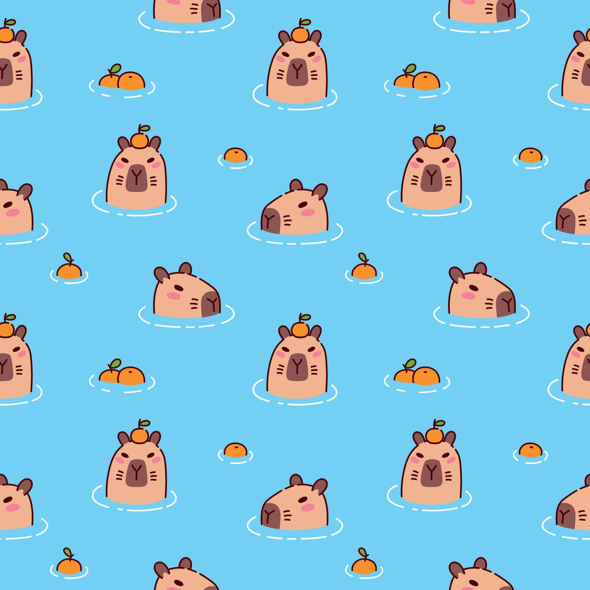 Cute capybara in pond seamless pattern. Calm capybaras chilling and relaxing in water with ...