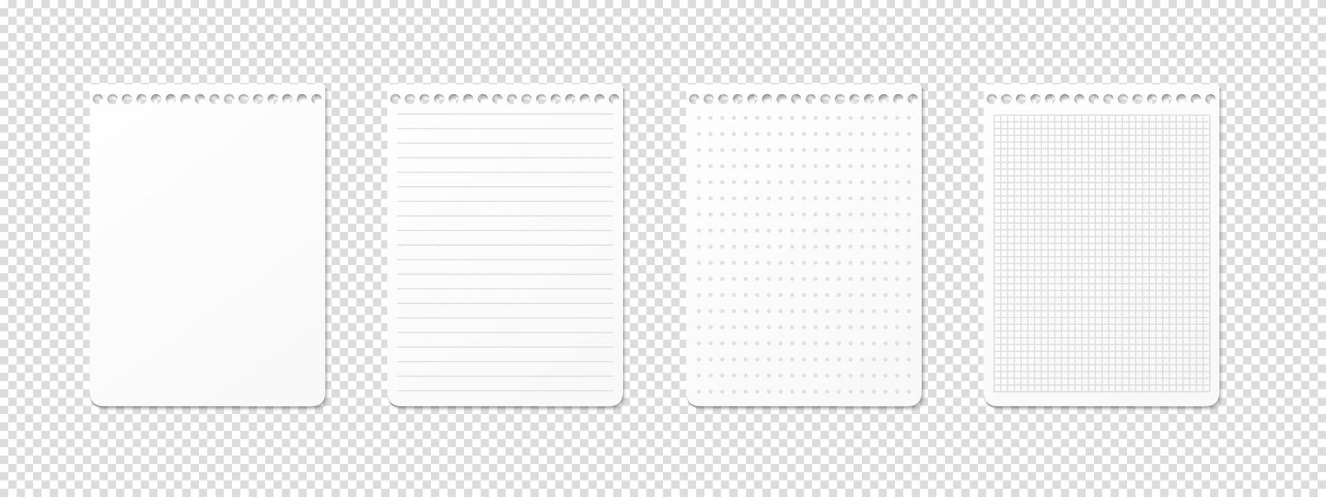 Realistic horizontal sheet for spiral notepad. Top view illustration with ruled, lined, gridded ...