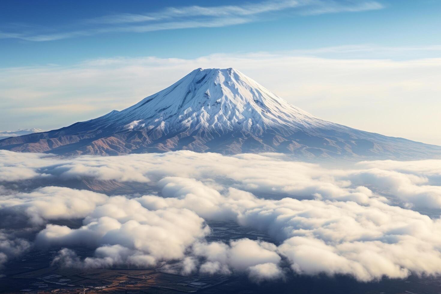 Majestic snow capped mountain peak rising above the clouds 54365057 ...