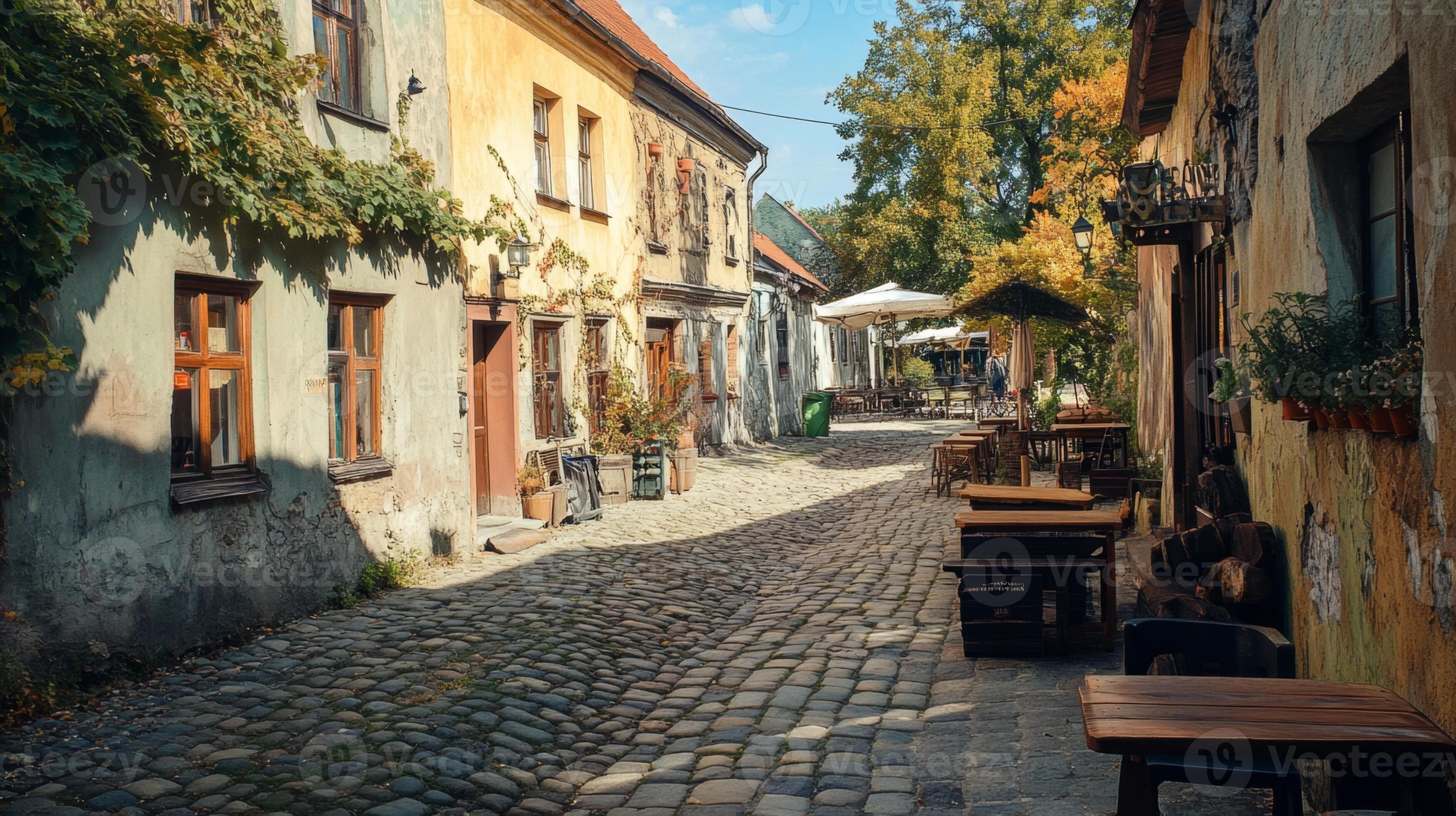 Charming European Alleyway with Cobblestone Street and Outdoor Cafe 54375844 Stock Photo at Vecteezy