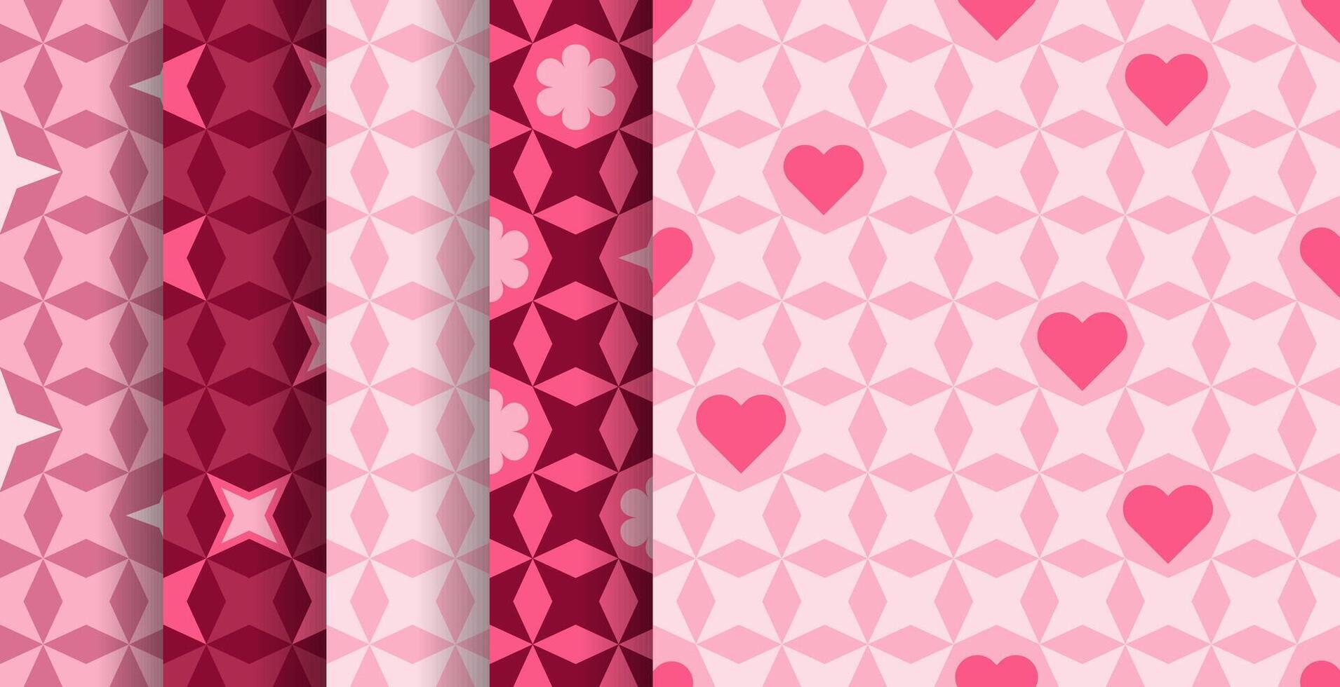 Abstract Pink Seamless patterns set with abstract shapes hearts flowers ...