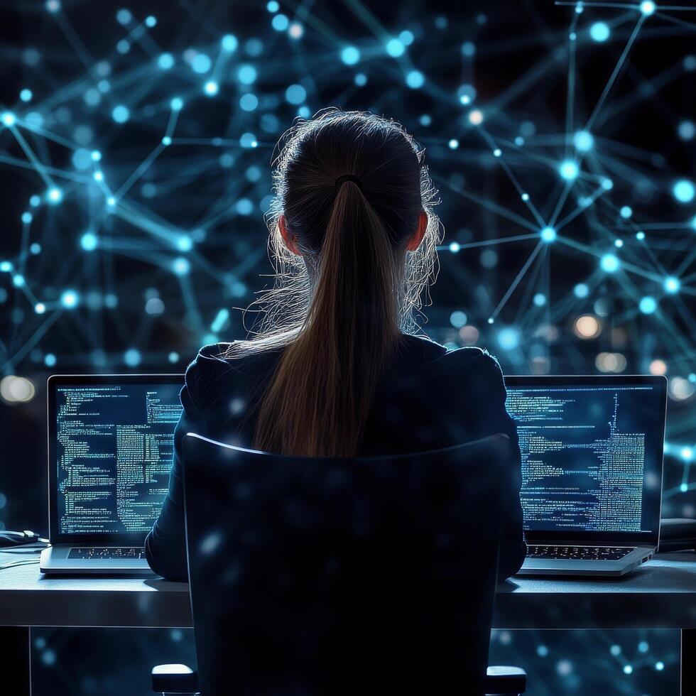 Professional woman coding at night with glowing data network in ...