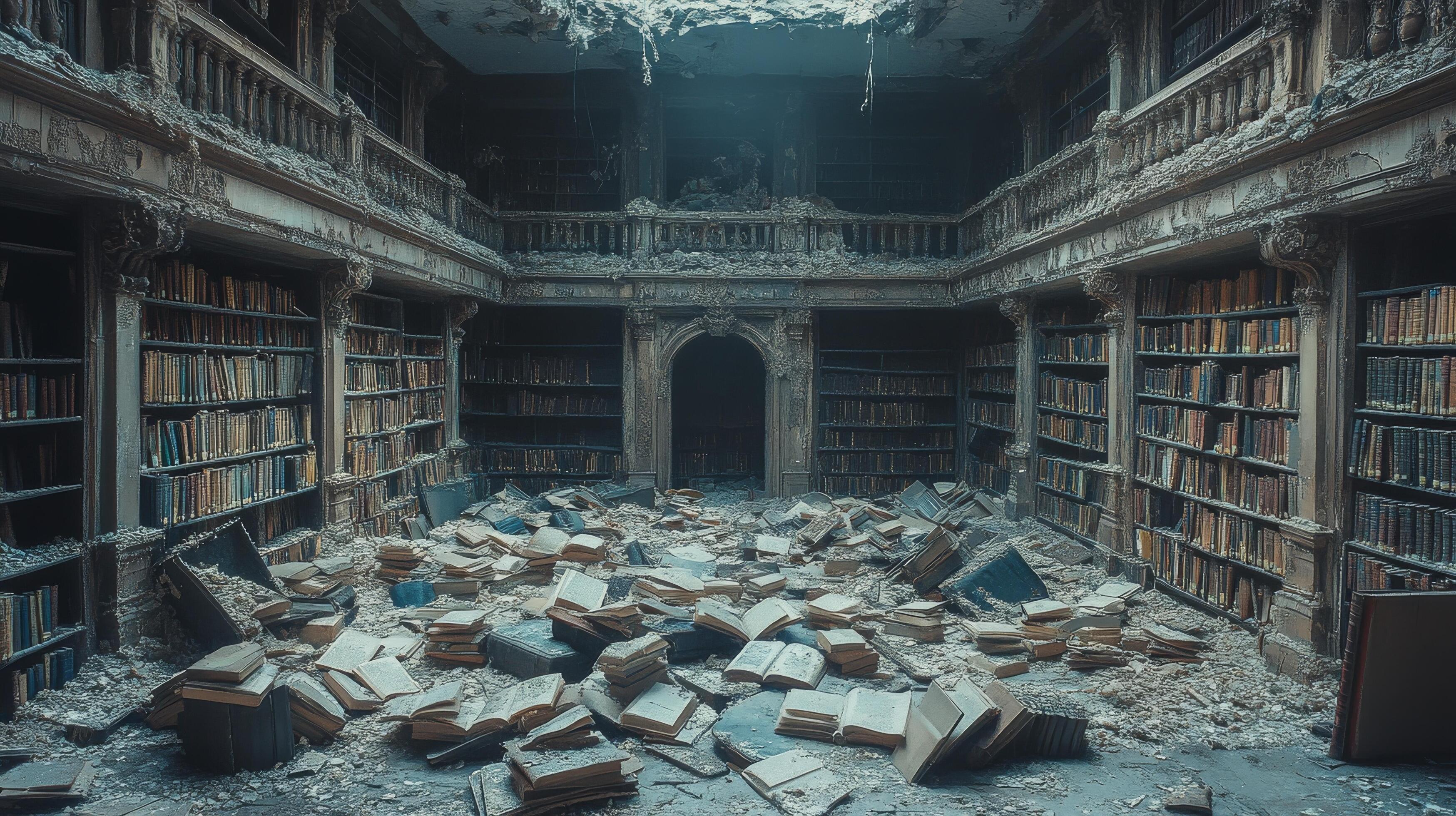 Abandoned library filled with scattered books and debris during daylight 54417016 Stock Photo at ...