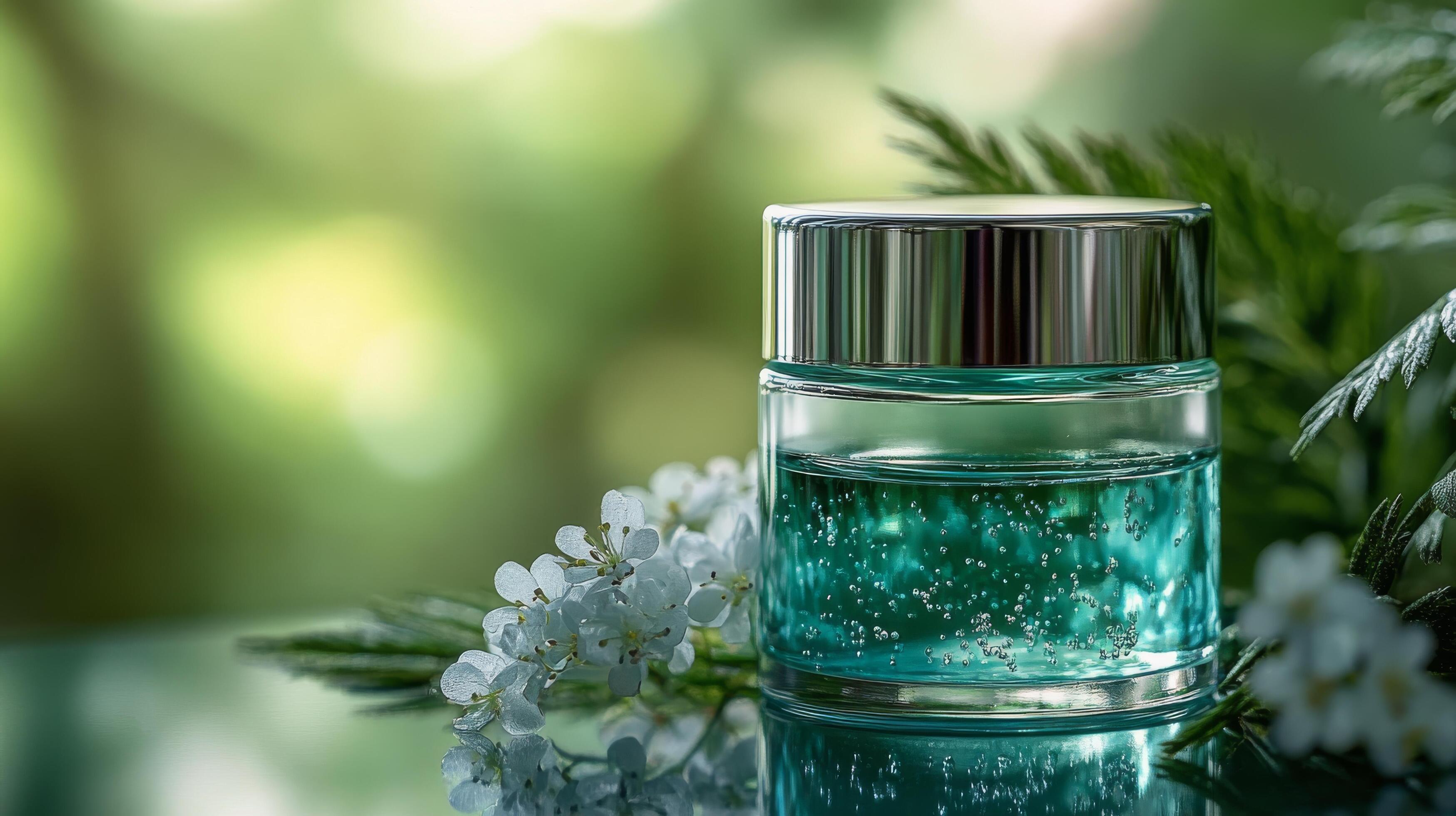 Clear sparkling water in a glass jar on a turquoise background with bubbles rising 54419850 ...