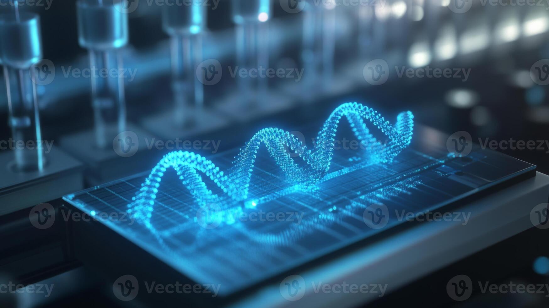 A sophisticated bio-computer setup displays intricate data ...