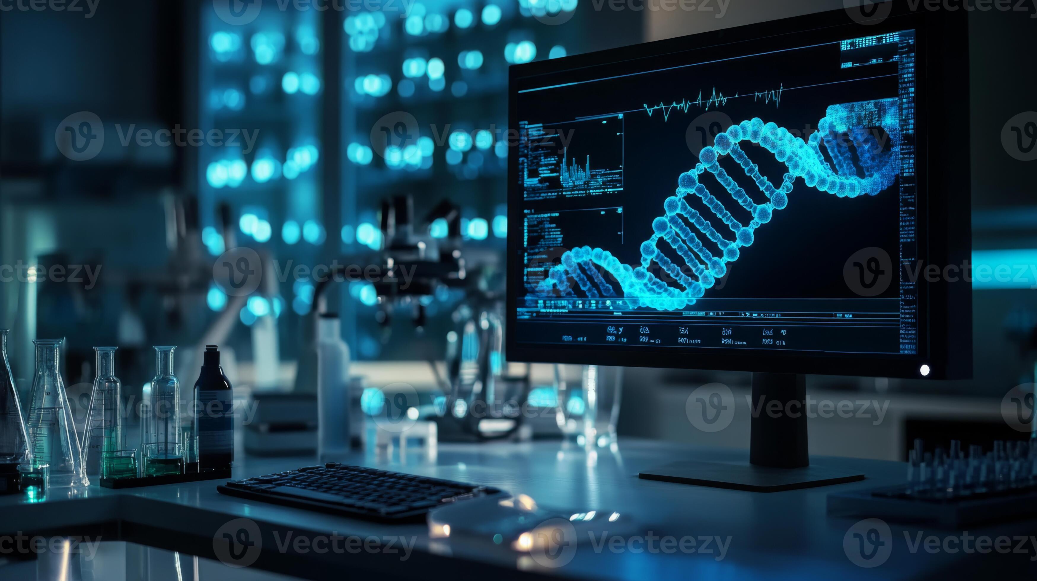 A computer monitor displaying a 3D model of a DNA double helix is set ...